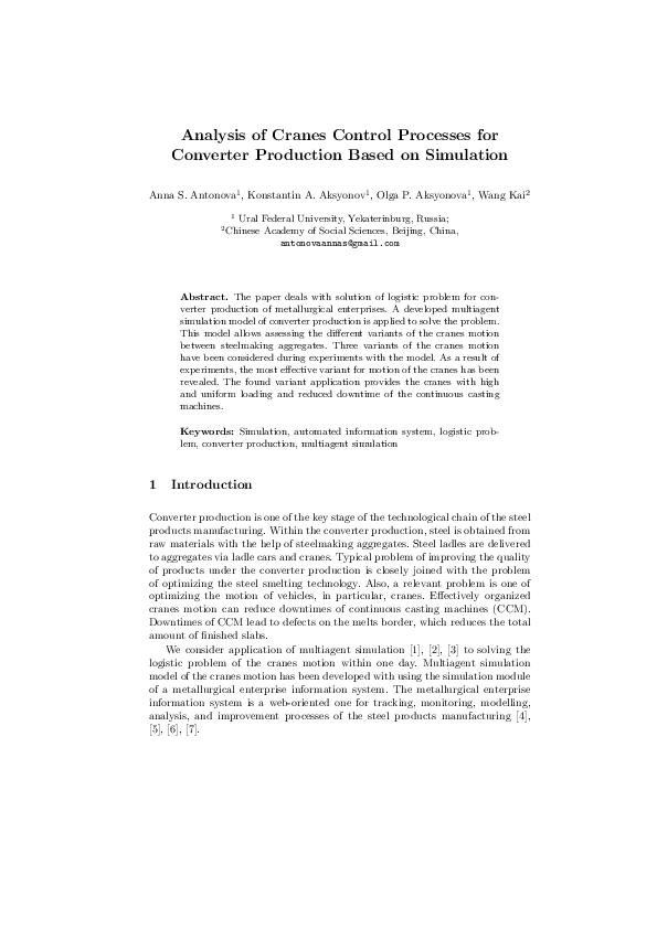 (PDF) Analysis of cranes control processes for converter production based on simulation