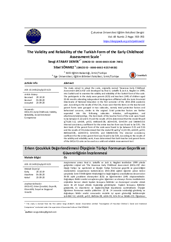 (PDF) The Validity and Reliability of the Turkish Form of the Early ...