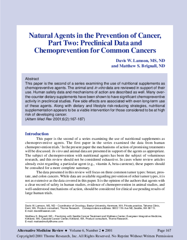 (PDF) Natural agents in the prevention of cancer, part two: preclinical ...