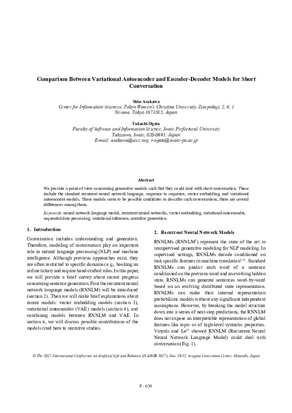 (PDF) Comparison Between Variational Autoencoder and Encoder-Decoder Models for Short Conversation