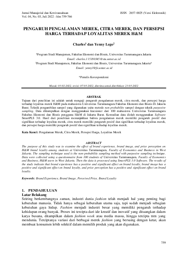 (PDF) Pengaruh Pengalaman Merek, Citra Merek, dan Persepsi Harga terhadap Loyalitas Merek H&M