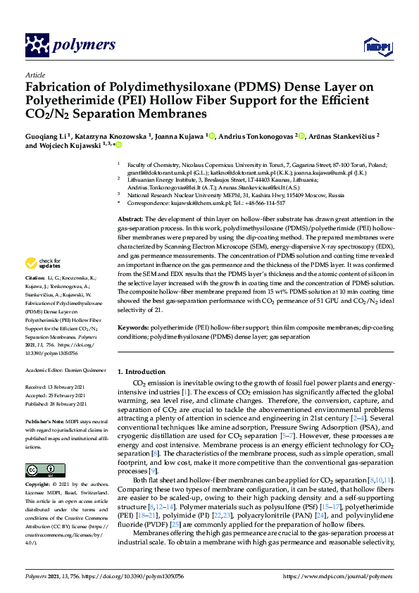 (PDF) Fabrication of Polydimethysiloxane (PDMS) Dense Layer on Polyetherimide (PEI) Hollow Fiber ...