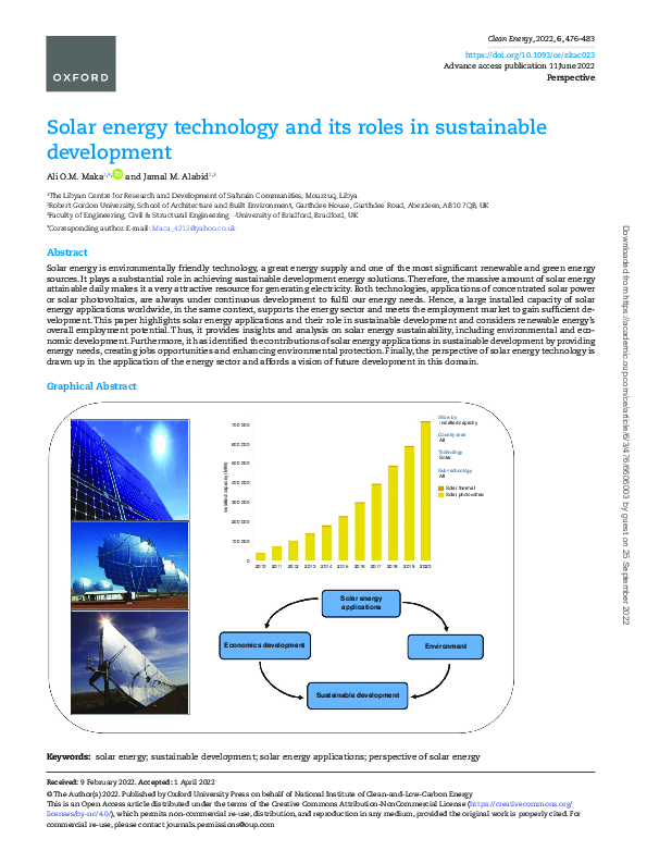 (PDF) Solar energy technology and its roles in sustainable development