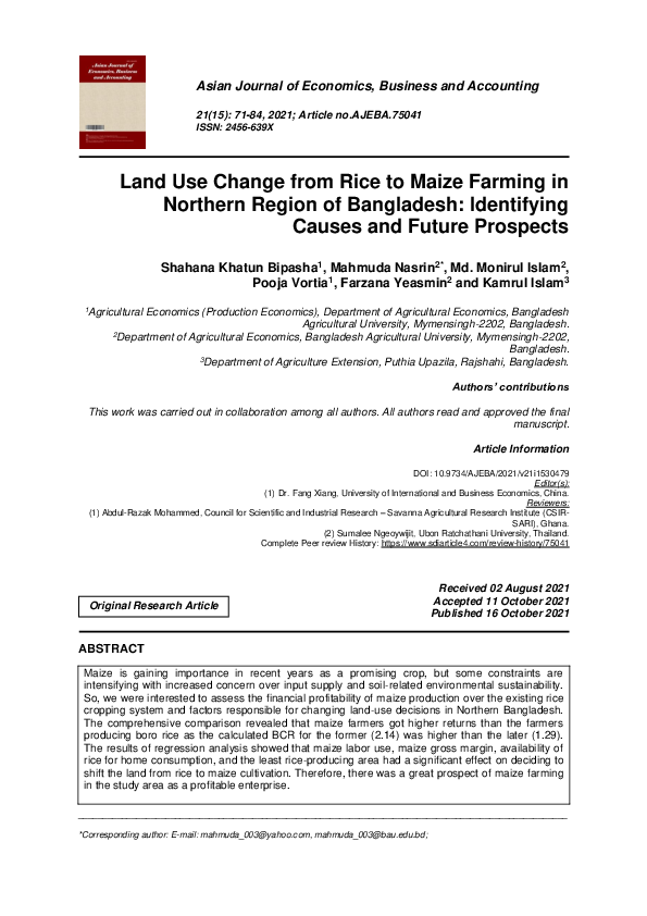 (PDF) Land Use Change from Rice to Maize Farming in Northern Region of Bangladesh: Identifying ...