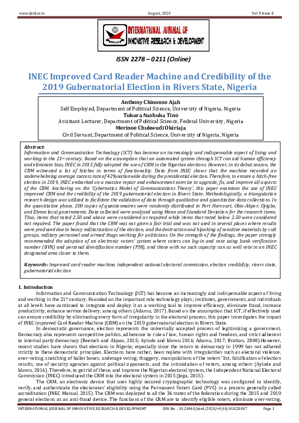 (PDF) INEC Improved Card Reader Machine and Credibility of the 2019 ...