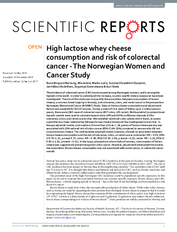 (PDF) High lactose whey cheese consumption and risk of colorectal ...