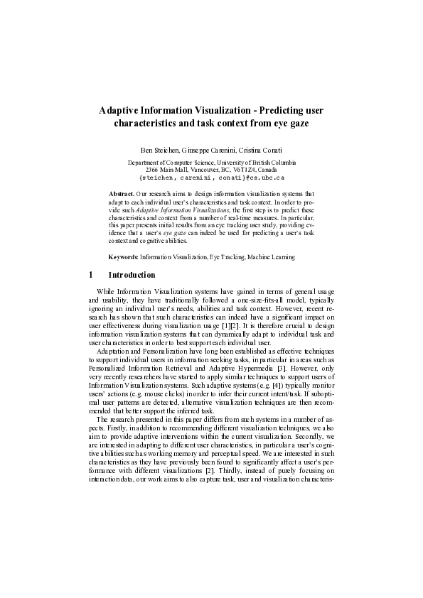 Pdf Adaptive Information Visualization Predicting User Characteristics And Task Context From