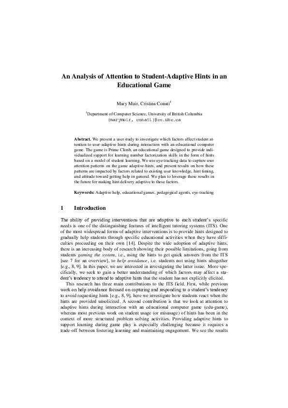 (PDF) An Analysis of Attention to Student – Adaptive Hints in an Educational Game