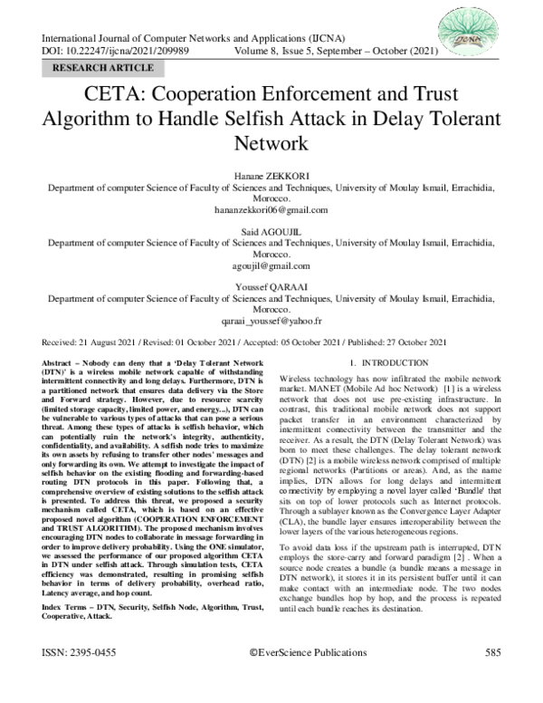 (PDF) CETA: Cooperation Enforcement and Trust Algorithm to Handle Selfish Attack in Delay ...