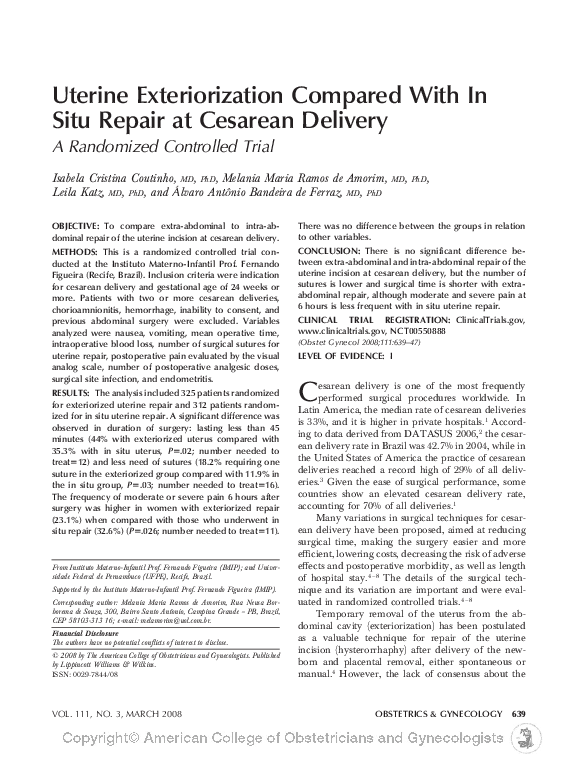 (PDF) Uterine Exteriorization Compared With in Situ Repair at Cesarean ...