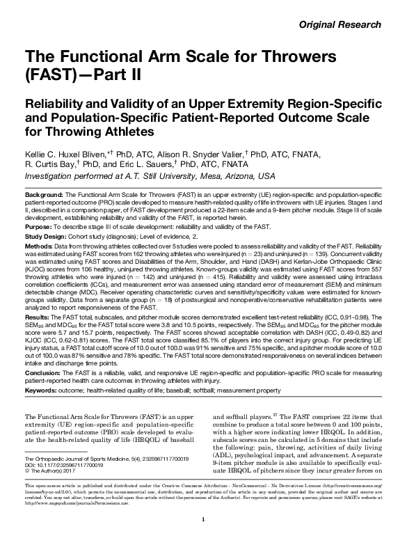 Pdf The Functional Arm Scale For Throwers Fast —part Ii Reliability And Validity Of An Upper
