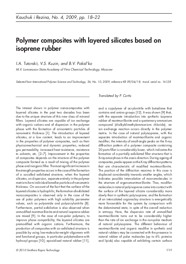 (PDF) Polymer Composites with Layered Silicates Based on Isoprene Rubber