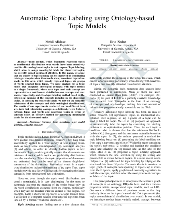 (PDF) Automatic Topic Labeling Using Ontology-Based Topic Models