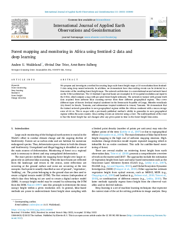 Pdf Forest Mapping And Monitoring In Africa Using Sentinel 2 Data And Deep Learning
