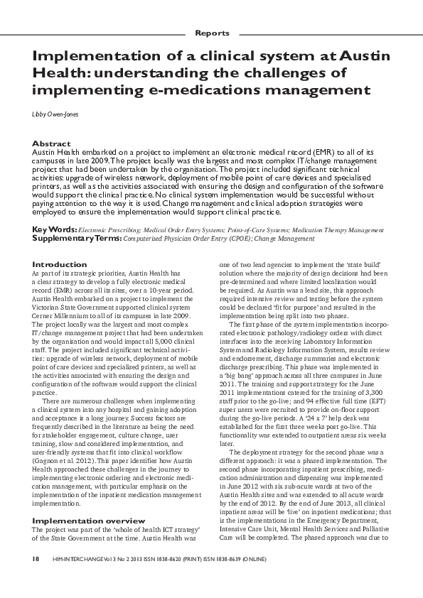 (PDF) Implementation of a clinical system at Austin Health: understanding the challenges of ...