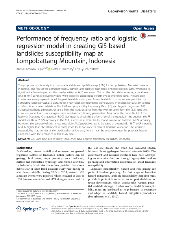 Pdf Performance Of Frequency Ratio And Logistic Regression Model In Creating Gis Based