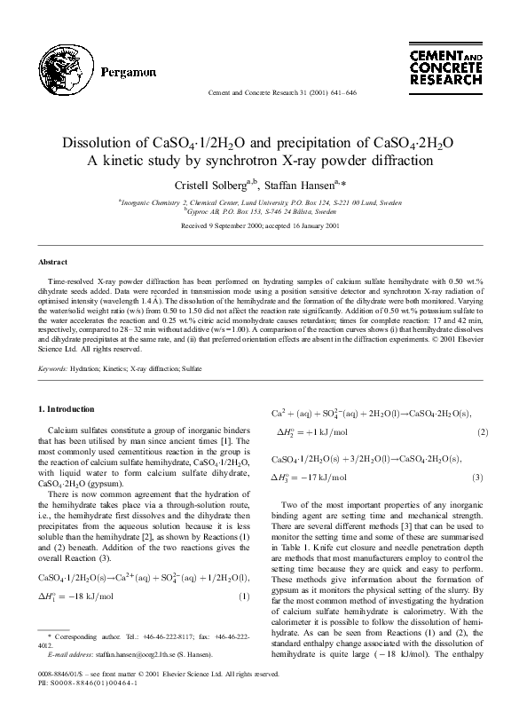 (PDF) Dissolution of CaSO4·1/2H2O and precipitation of CaSO4·2H2O