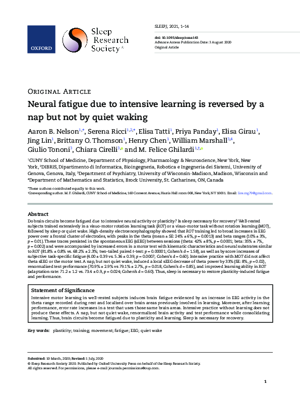 (PDF) Neural fatigue due to intensive learning is reversed by a nap but ...
