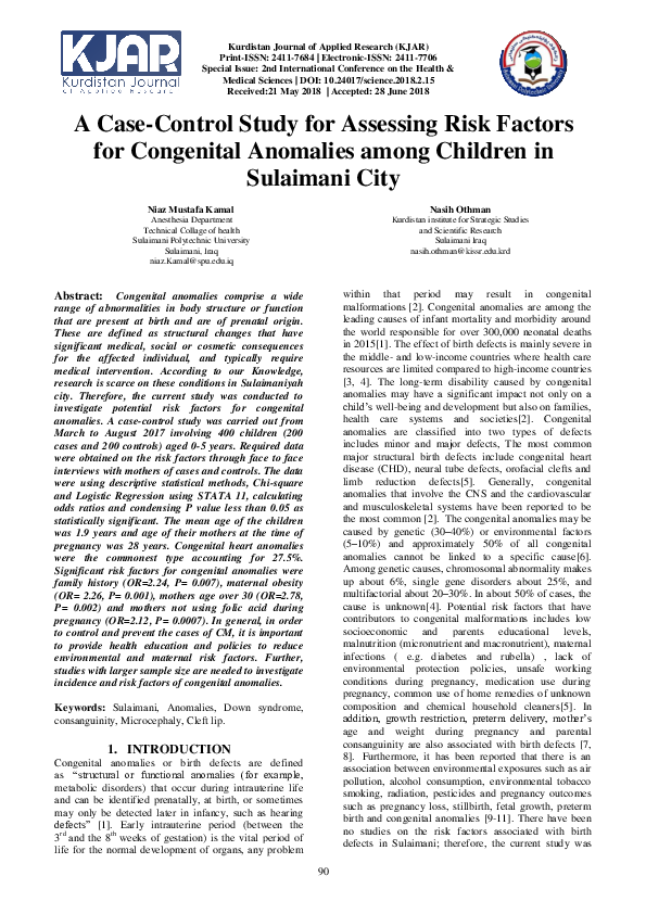 (PDF) A Case-Control Study for Assessing Risk Factors for Congenital ...