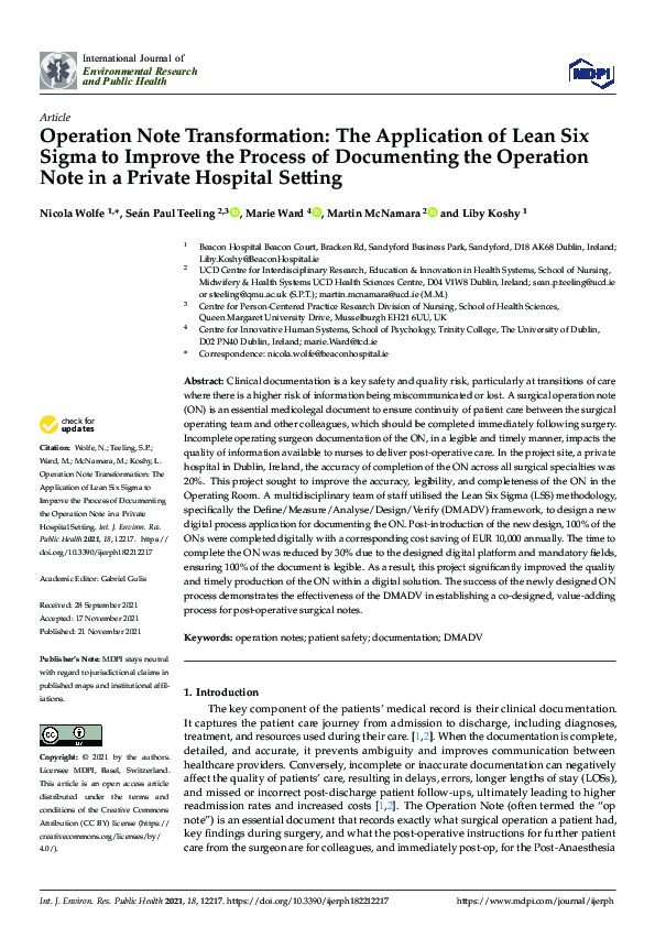 (PDF) Operation Note Transformation: The Application of Lean Six Sigma to Improve the Process of ...