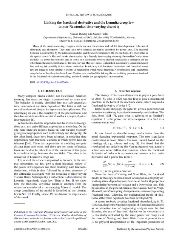 (PDF) Linking the fractional derivative and the Lomnitz creep law to ...
