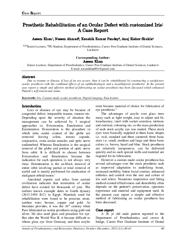 Pdf Prosthetic Rehabilitation Of An Ocular Defect With Customized