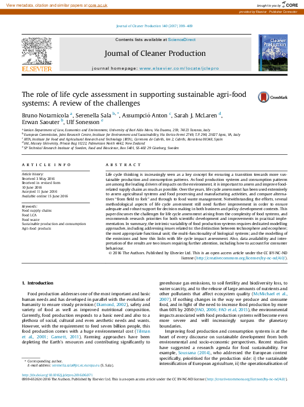 (PDF) The role of life cycle assessment in supporting sustainable agri ...