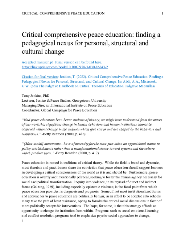 (PDF) Critical comprehensive peace education: finding a pedagogical ...