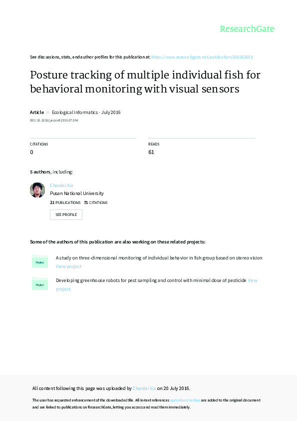 (PDF) Posture tracking of multiple individual fish for behavioral monitoring with visual sensors