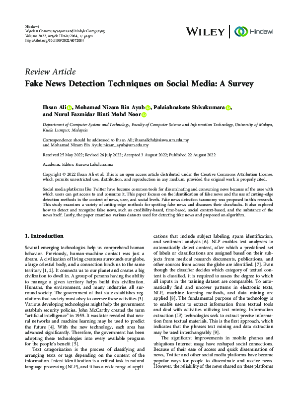 (PDF) Fake News Detection Techniques on Social Media: A Survey