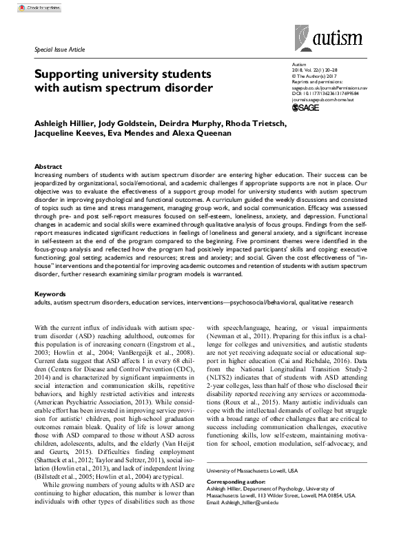 (PDF) Supporting university students with autism spectrum disorder