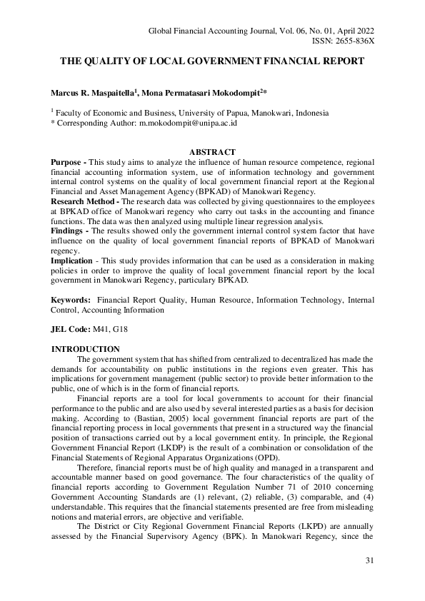 (PDF) The Quality of Local Government Financial Report