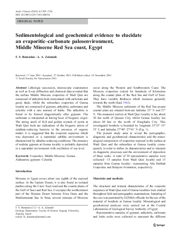 (PDF) Sedimentological and geochemical evidence to elucidate an evaporitic–carbonate ...