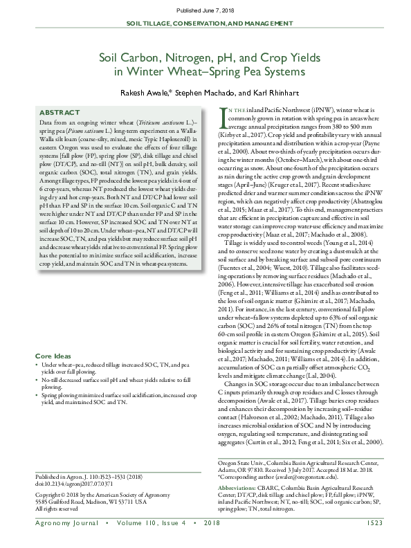 (PDF) Soil Carbon, Nitrogen, pH, and Crop Yields in Winter Wheat–Spring Pea Systems | Rakesh ...