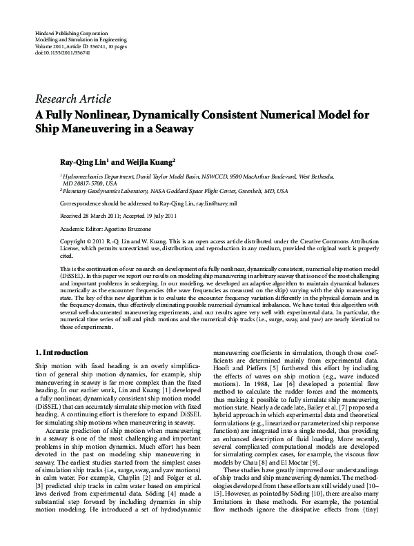 (PDF) A Fully Nonlinear, Dynamically Consistent Numerical Model for Ship Maneuvering in a Seaway