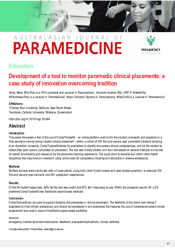 (PDF) Development of a tool to monitor paramedic clinical placements: a ...
