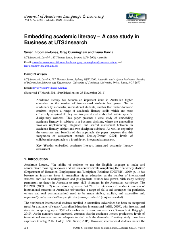 Embedding Academic Literacy – A Case Study in Business at UTS:Insearch
