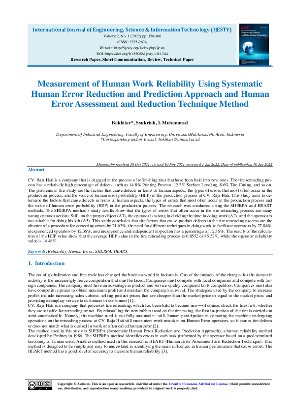 (PDF) Measurement of Human Work Reliability Using Systematic Human ...