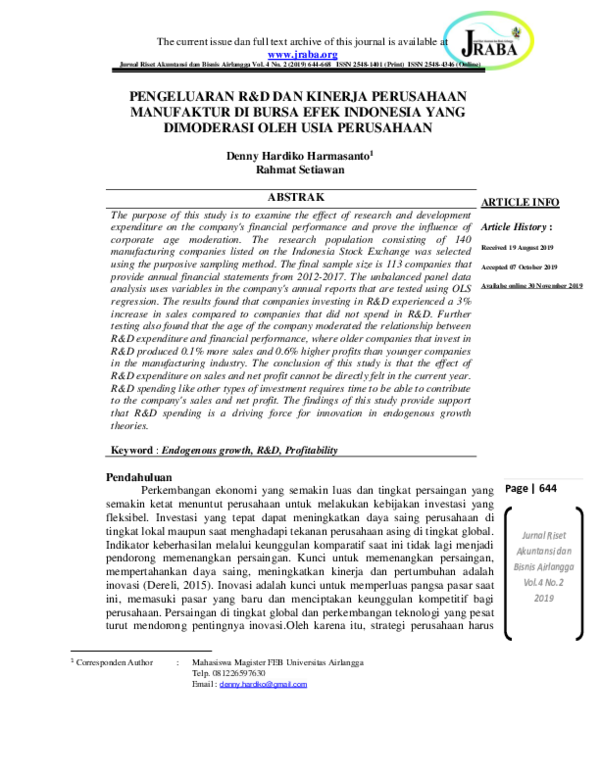 (PDF) Pengeluaran R Dan Kinerja Perusahaan Manufaktur DI Bursa Efek ...