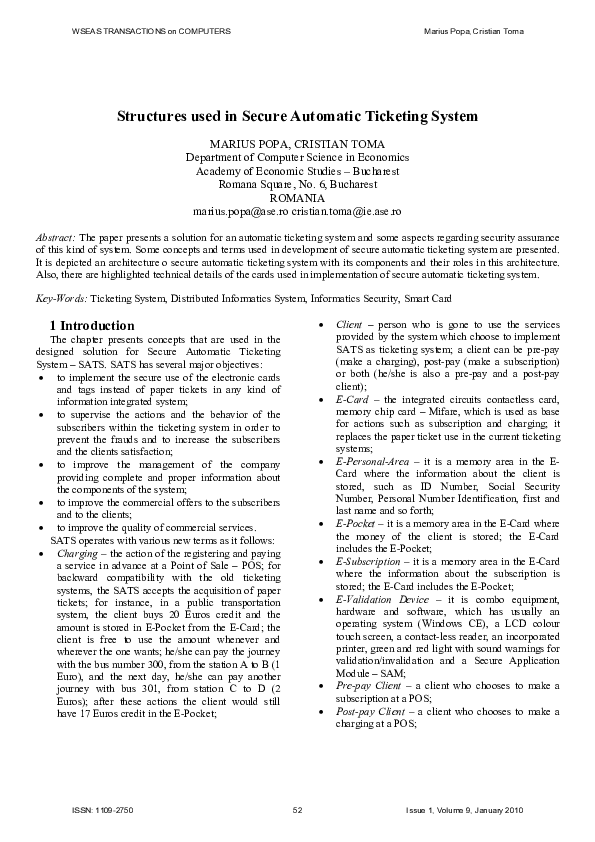 (PDF) Structures used in secure automatic ticketing system