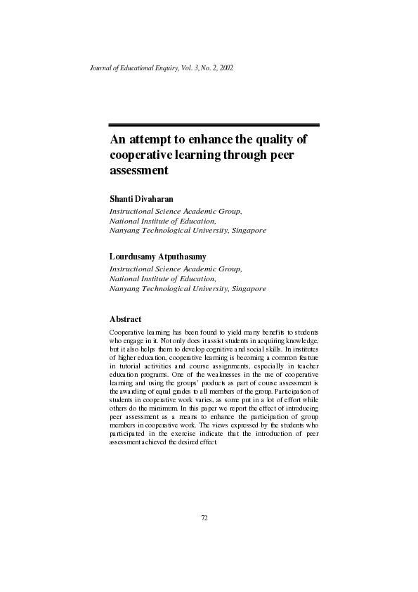 (PDF) An attempt to enhance the quality of cooperative learning through peer assessment