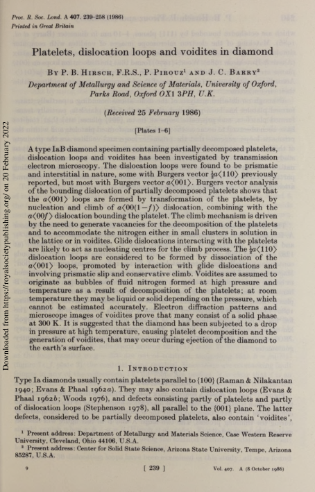 (PDF) Platelets, Dislocation Loops and Voidites in Diamond | Pirouz ...