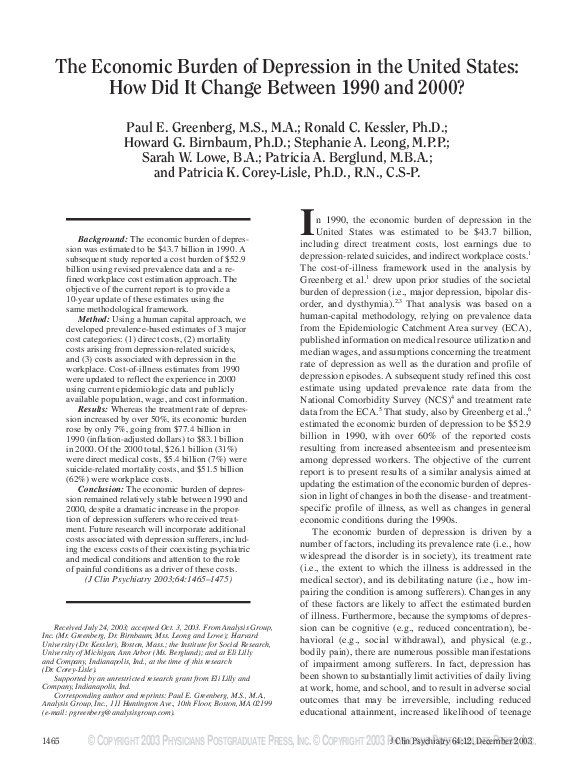 (PDF) The Economic Burden of Depression in the United States