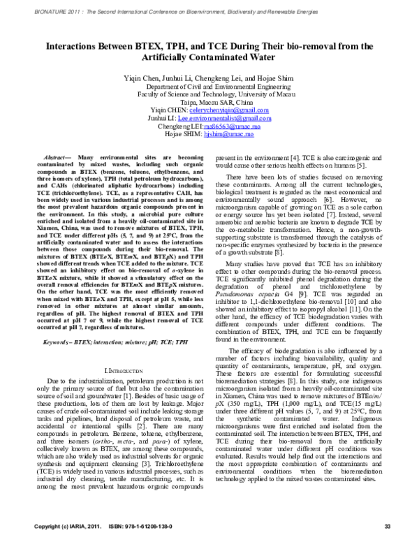 (PDF) Interactions Between BTEX, TPH, and TCE During Their bio-removal ...