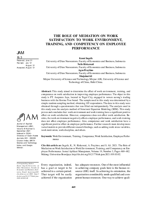 (PDF) The Role of Mediation on Work Satisfaction to Work Environment, Training, and Competency ...