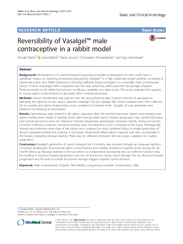 (PDF) Reversibility of Vasalgel™ male contraceptive in a rabbit model ...