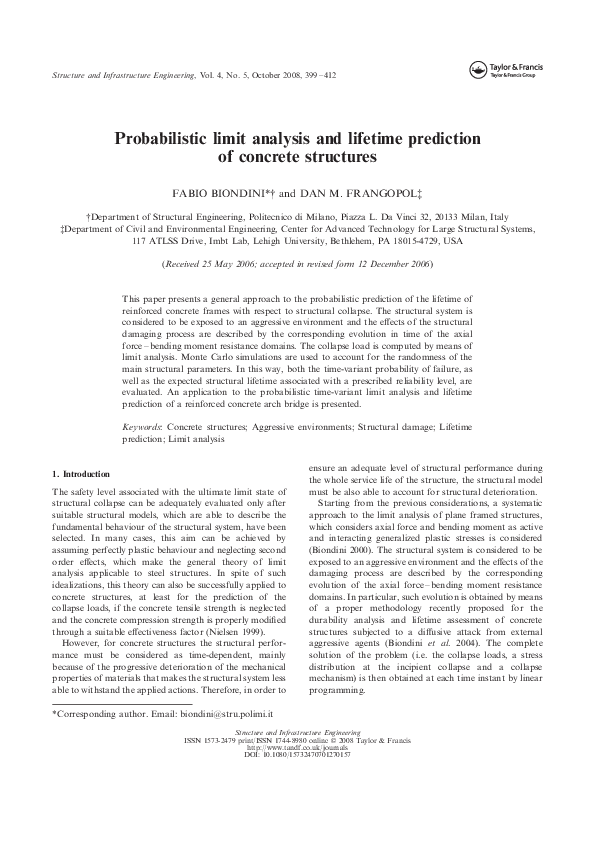 (PDF) Probabilistic limit analysis and lifetime prediction of concrete structures