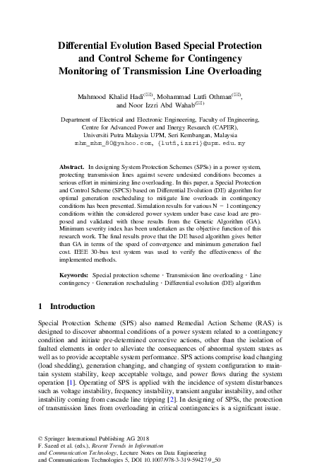 (PDF) Differential Evolution Based Special Protection and Control Scheme for Contingency ...