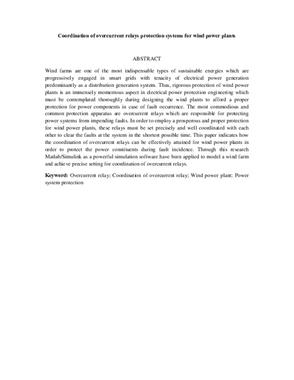 Pdf Coordination Of Overcurrent Relays Protection Systems For Wind Power Plants Mohammad