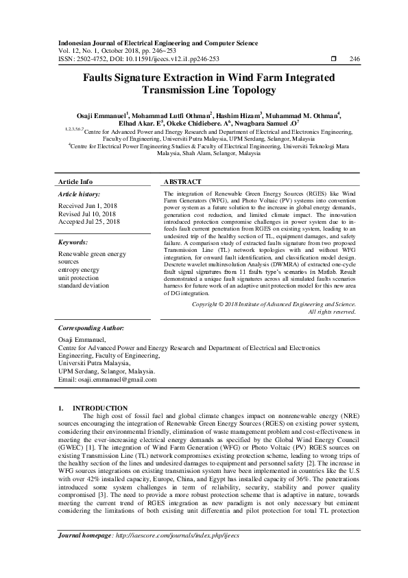 (PDF) Faults Signature Extraction in Wind Farm Integrated Transmission Line Topology